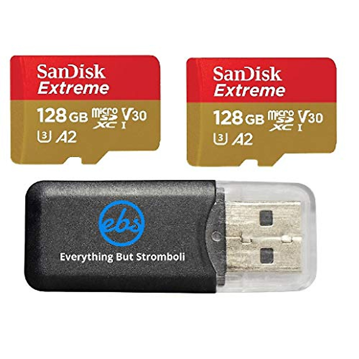 SanDisk Extreme MicroSD Card 128GB Memory Card (Two Pack) for DJI Air 2S Drone (SDSQXA1-128G-GN6MN) 4K Video Speed V30 UHS-I A2 160MB/s SDXC Bundle with (1) Everything But Stromboli Micro Card Reader
