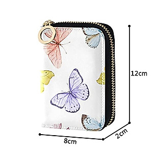 Seamless Watercolor Pink Purple Turquoise Gold Butterflies on White Grey Credit Card Coin wallet, RFID Blocking Compact Women Leather Card Holder, Key Change Organizer, Zipper Purse Clutch Pouch