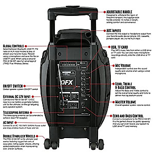QFX PBX-61081 Rechargeable Portable Speaker | 8" Woofer | 2,600 Watts | Bluetooth, AUX, SD Card, FM Radio | Handle, Wheels, 12 Lbs | Perfect for Tailgating, Indoors, Outdoors Audio | Silver