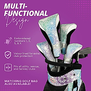 Womens Designer Golf Club Covers 4 Pack - Taboo Fashions Numbered Head Covers for Driver Woods & Hybrid - Weather/Moisture Resistant Protection (Mandala Dreams)