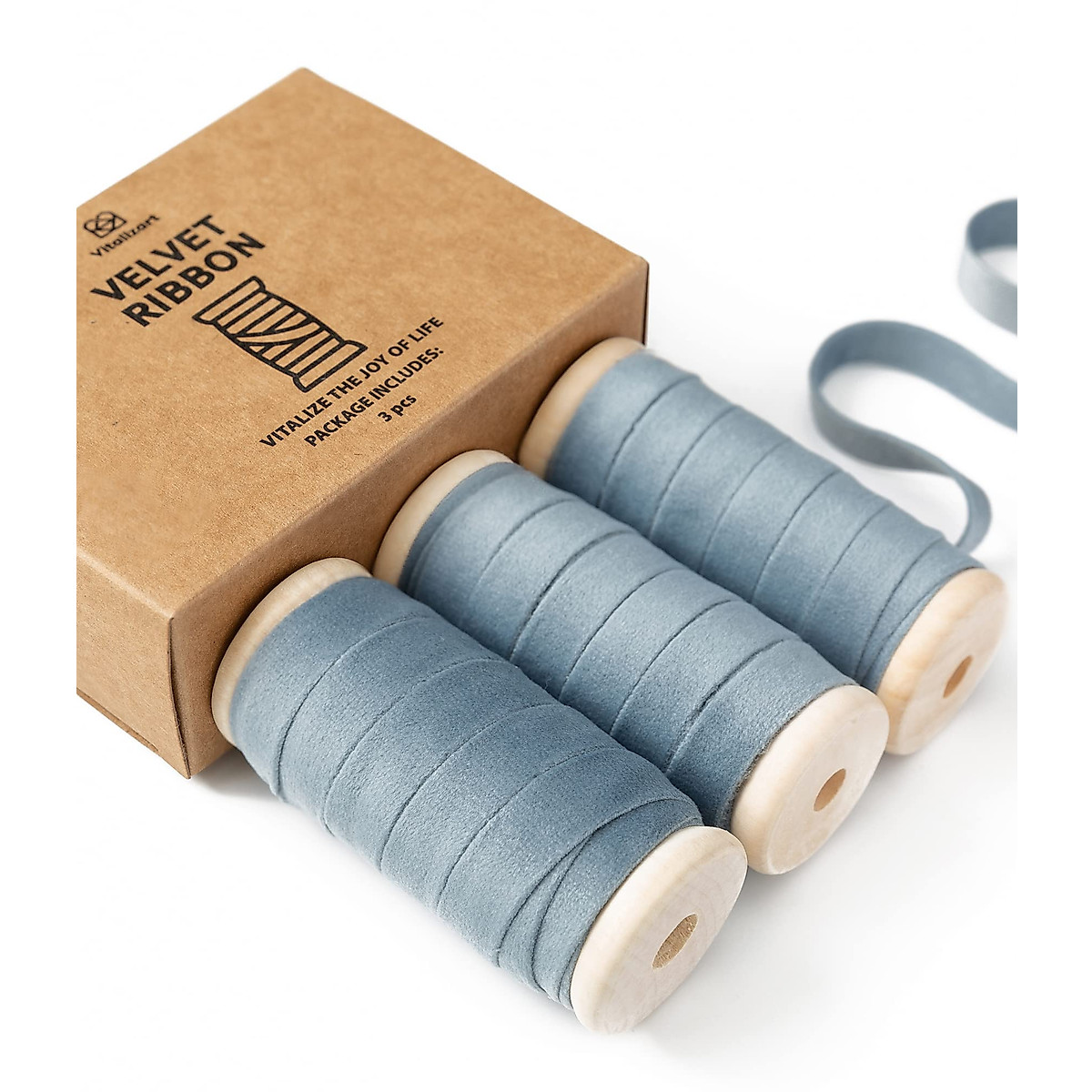 Vitalizart Dusty Blue Velvet Ribbon Set 3/8" x 15 Yd Wooden Spool Fabric Trim 3 Rolls * 5 Yd for Christmas Wreath Decoration Handmade Craft Ornaments Gift Wrapping & Bow Making