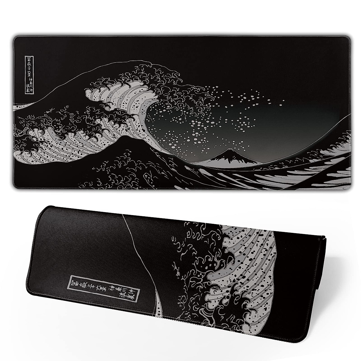 Japanese Sea Wave Large Mouse Pad Extended The Great Wave Gaming Mouse Pad Kanagawa Mousepad with Stitched Edges Keyboard Mouse Mat 3mm for Home Office 31.5 x 11.8 Inch, Black