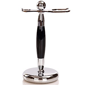 Deluxe Stainless Steel Shaving Brush Stand Holder for Razor & Brush - Extra Wide Openings, Weighted Base Black Handle