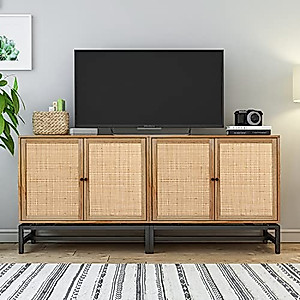 Storage Cabinet with Rattan Doors,Rattan Sideboard Buffet Cabinet with 2-Tier Shelf 3 Adjustable Holes,Kitchen Cupboard Console Table with Iron Bracket up to 99Lbs for Dining Room,Living Room(Beige)