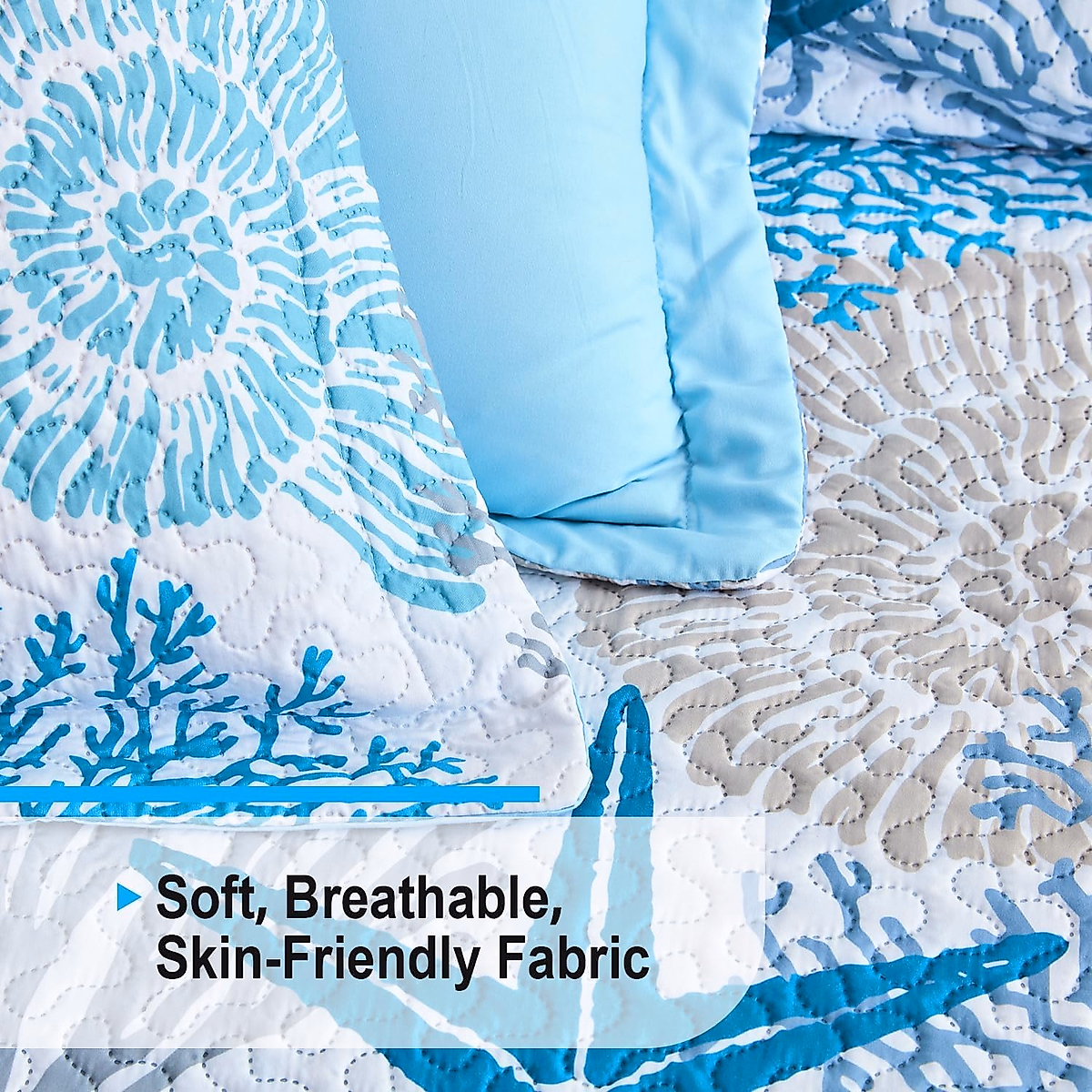 Tritard 3 Piece Coastal Quilt Sets Full/Queen Size - Reversible Microfiber Quilts with 2 Shams Soft Lightweight Beach Bedding Nautical Bedspread Coverlet Summer Comforter for All Season, 90''x96'', C1