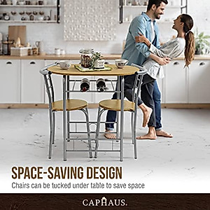 CAPHAUS 3 Pieces Dining Set for 2, Small Kitchen, Dining Room Table Set w/Steel Frame, 3 Pieces Patio Set w/Wine Rack, Small Dining Table Set for 2, Outdoor Dining Round Table Set, Black Oak