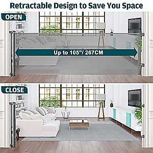 105 Inch Extra Wide Baby Gates for Large Openings, Retractable Baby Gates 35” Tall, Extra Long Baby Gate Child Gates for Wide Openings Large Dog Gate for Doorways Long Dog Gate Indoor Outdoor, Grey