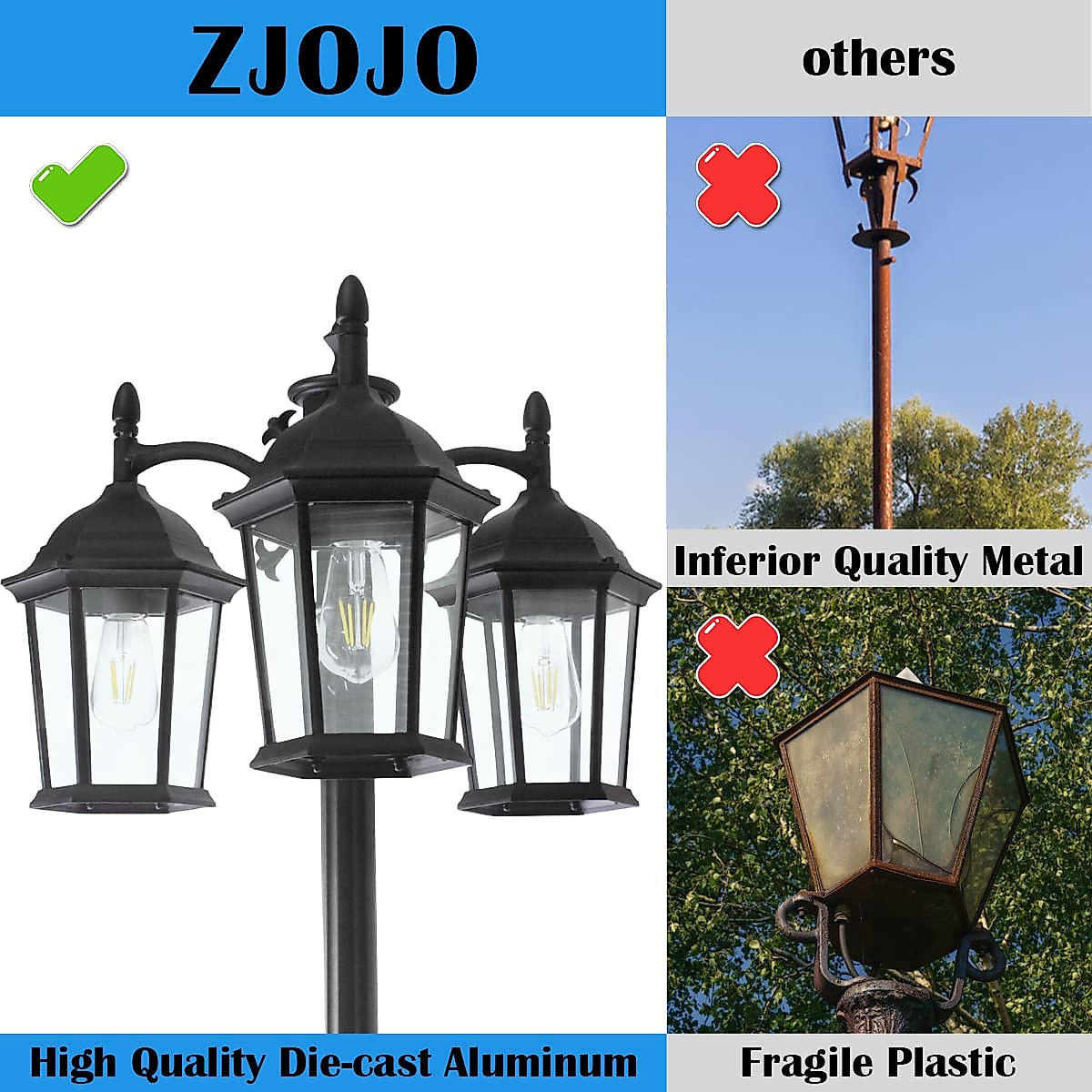ZJOJO Outdoor Post Light, Triple-Head LED Street Light, 2700K,1100lumens, Vintage Clear Glass Shade Lamp Lights Fixture for Garden Backyard Patio Walkway Lighting-Black C819
