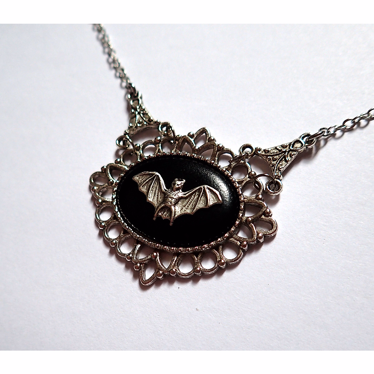 Moon Maiden Jewelry Gothic Victorian Silver Framed Bat Cameo Necklace