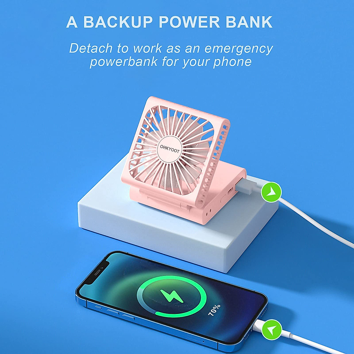 OHKYOOT Portable Travel Fan,Foldable Mini Desk Fan,USB Rechargeable Neck Fan for Travel,Outdoors,Indoors (Pink)