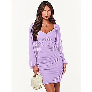ANRABESS Women's Sexy V Neck Ruched Bodycon Mini Dress Puff Long Sleeve Cocktail Wedding Party Short Dresses 955danzi-S Purple