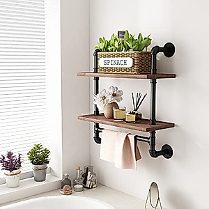 Industrial Bathroom Shelves Rustic Wood Shelves with Towel Bar 24" Farmhouse Shelf for Wall Pipe Shelving-2 Layer