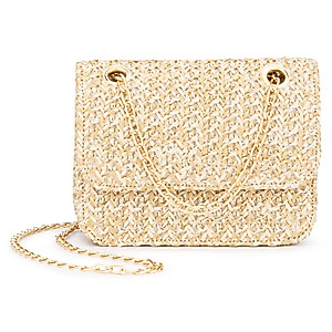 Olivia Miller Women's Fashion Mini Theodore Natural Straw w Double Chain n Front Flap, Beige Mini Crossbody Bag w Convertible Strap, Evening Everyday Casual Work Purse Handbag