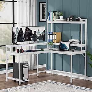 Tribesigns L Shaped Desk with Hutch and Monitor Stand, Corner Computer Desk Home Office Desk with Storage Shelf, Gaming Table Workstation,CPU Stand Included, (White&White)