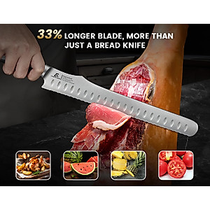 CoquusAid Bread Knife for Homemade Bread, 10.6 Inch Multifunction Serrated Knife, Razor Sharp Slicer, Forged High Carbon German Steel, Full Tang Ergonomic Handle Design for Sourdough Turkey Fruit