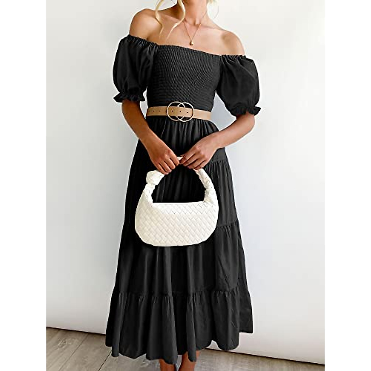 ANRABESS Women's Casual Summer Midi Dress Puffy Short Sleeve Square Neck Smocked Tiered Boho 2023 Spring Dresses for Wedding Bridal Shower 877heise-M Black