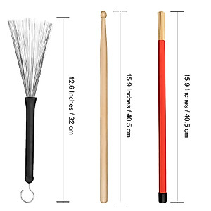 Tbrand Drum Sticks 1 Pair 5A Maple Wood Drum Sticks,1 Pair Retractable Drum Wire Brushes and 1 Pair Rods Drum Brushes set for Kids, Adults, Rock Band, Jazz Folk Students with Portable Storage Bag