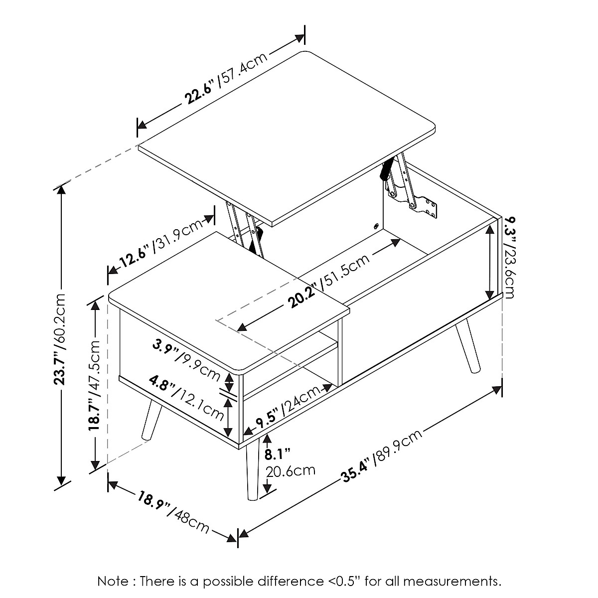 Furinno Jensen Living Room Wooden Leg Lift Top Coffee Table With Hidden Compartment and Side Open Storage Shelf, Solid White