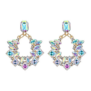 Flyonce Rhinestone Oval Hoop Dangle Earrings, Austrian Crystal Geometric Statement Pierced Earrings Iridescent Clear AB