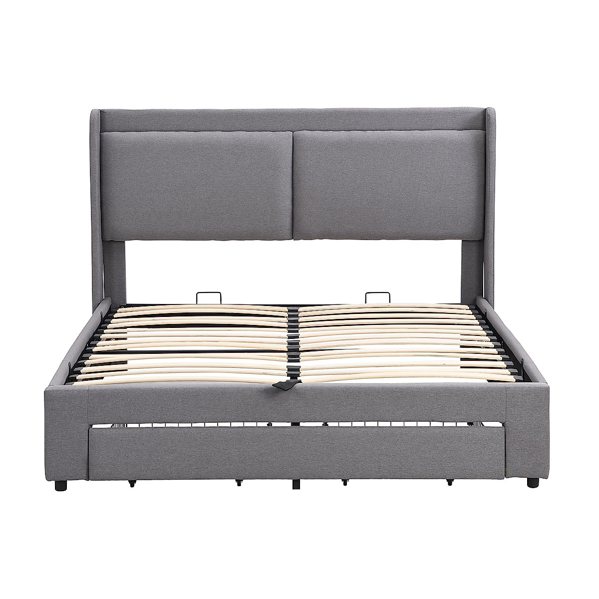 Queen Size Upholstered Platform Bed with Lift Up Hydraulic Storage System, Linen Upholstered Storage Platform Bed Frame with 2 Drawers for Bedrooms Guest Rooms, Sturdy Slats Support (Grey-US)
