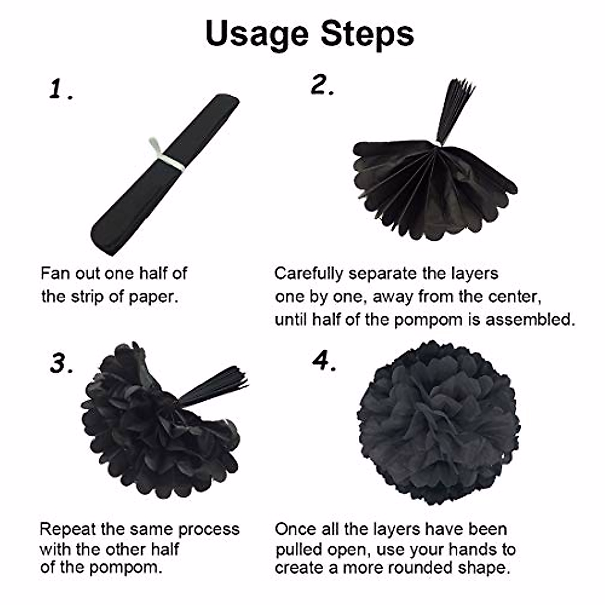 Black and Gold Party Decorations - Masquerade and Birthday Party Decorations with DIY Paper Pom Poms Flowers, Tassel Garland, Balloons, Hanging Swirl, Circle Paper Garland - 58Pcs