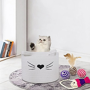 Small Woven Basket,Rope Storage Basket with Handle,Cute Cotton Basket for Nursery,Cat Dog Toy Storage Organizer Basket,Storage Bins for Toy Organizer