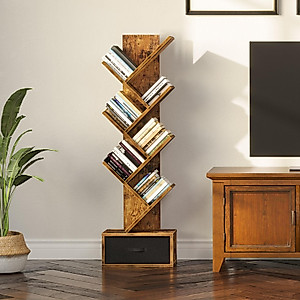 Rolanstar Bookshelf with Drawer, 7 Shelf Tree Bookshelf, Wooden Bookshelves Storage Rack for CDs/Movies/Books, Rustic Brown Bookcase, Utility Organizer Shelves for Living Room, Bedroom
