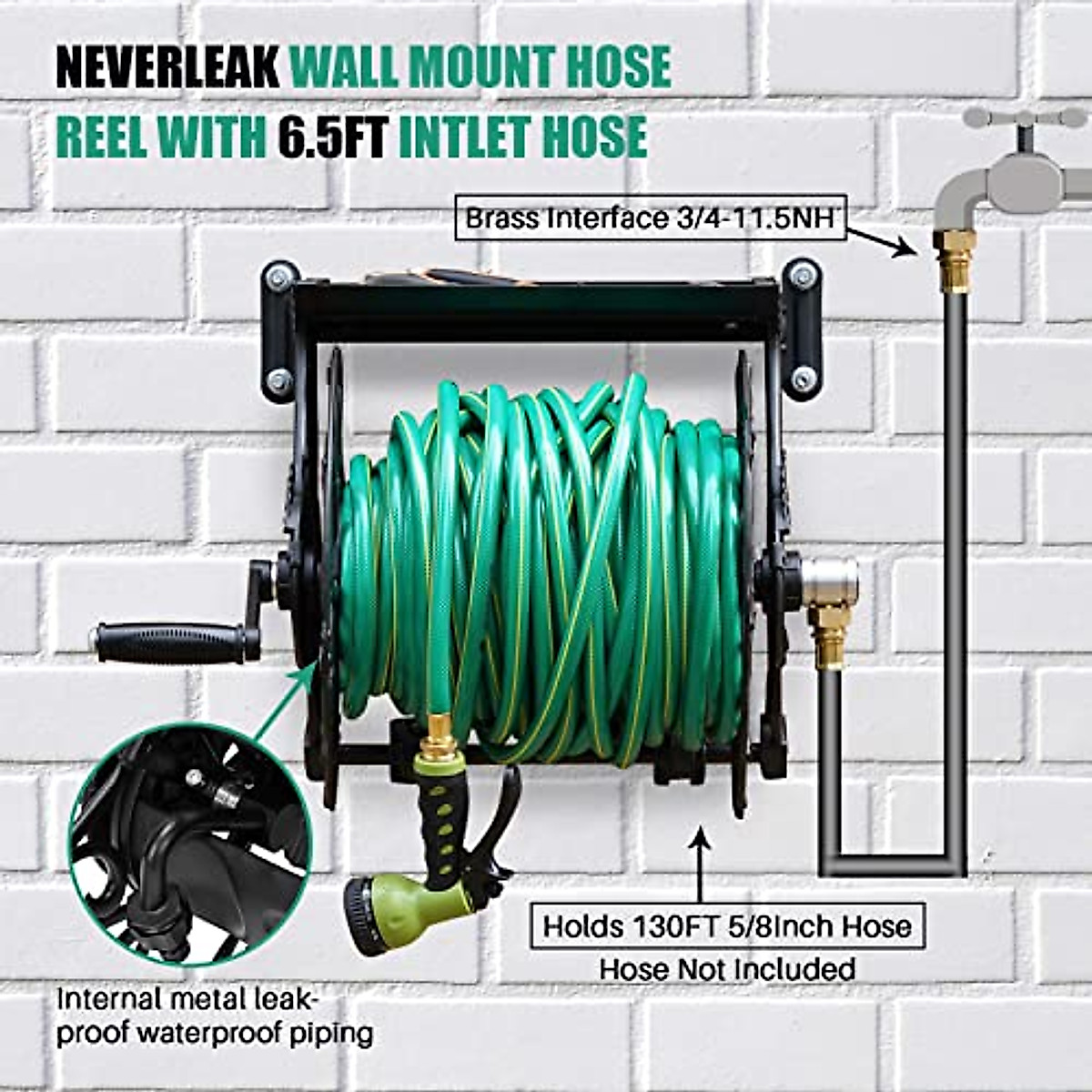 Garden Hose Reel Wall Mount with 6.5ft Leader Hose, Storage Shelf, Holds 130ft of 5/8 Hose, Portable Cast Iron Water Hose Reel for Outside Gardening Tools, Decorative Metal Hose Storage Holder