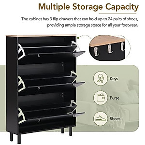 Wekity Narrow Design Shoe Cabinet with 3 Flip Drawers, Wood Grain Pattern Top Entryway Organizer with 3 Hooks, Free Standing Shoe Rack with Adjustable Panel for Hallway (Black)