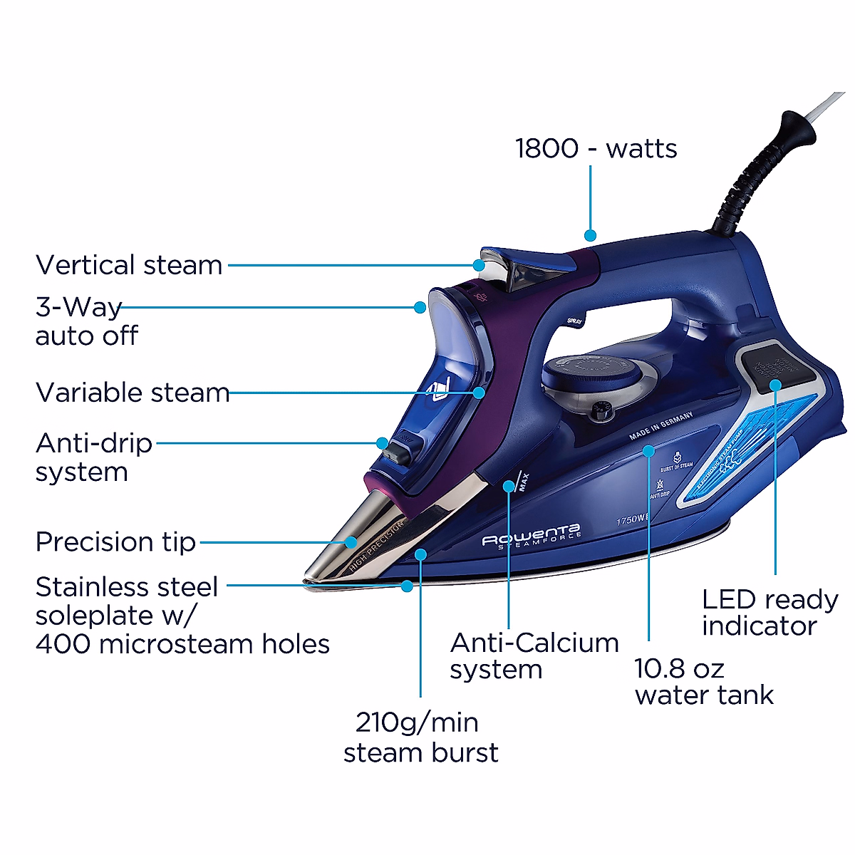 Rowenta DW9280 Digital Display Steam Iron for Clothes, 1800W, Stainless Steel Soleplate, 400 Steam Holes, Vertical Steaming, Variable Steam Control, Auto Off