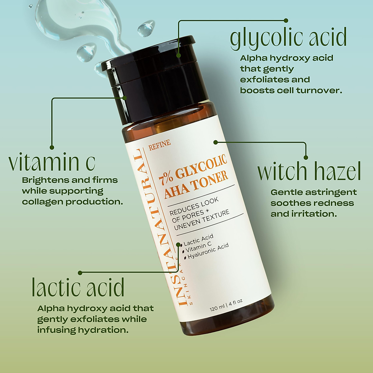 InstaNatural 7% Glycolic AHA Face Toner, Brightens, Reduces The Look of Pores and Uneven Texture, Gently Exfoliates, with Lactic Acid, Witch Hazel and Vitamin C, 4 Fl Oz