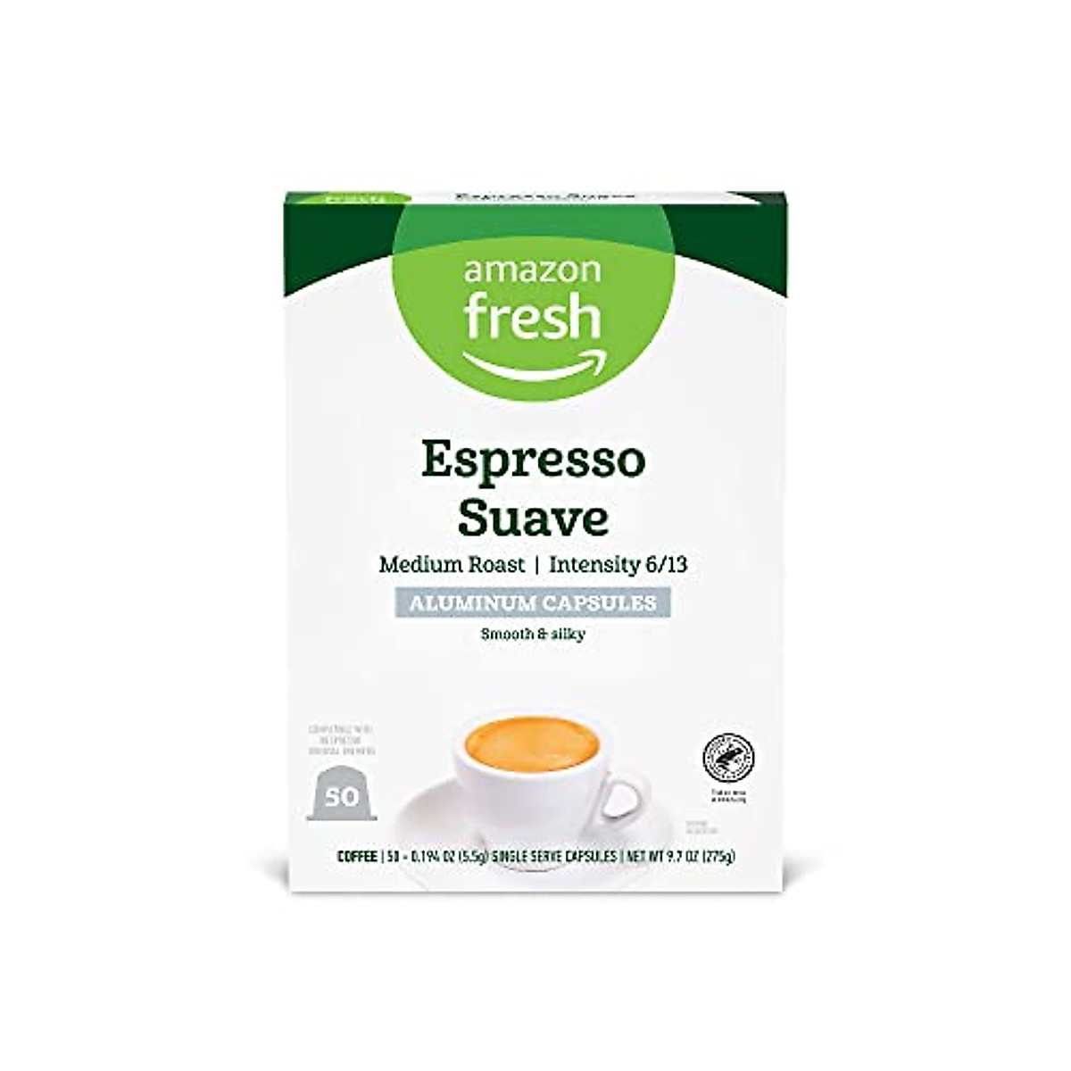 Amazon Fresh Espresso Suave Medium Roast Aluminum Capsules, Compatible with Nespresso Original Brewers, Intensity 6/13, 50 Count (5 Packs of 10)