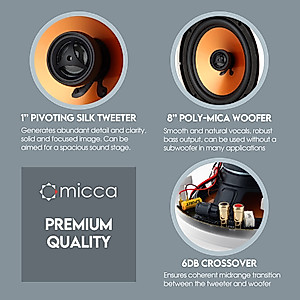 Micca M-8C 2-Way in-Ceiling Round Speaker, 9.4" Cutout Diameter, Whole House Audio, Home Theater, Indoor or Covered Outdoor, 8" Woofer, 1" Tweeter, White, Paintable, Each