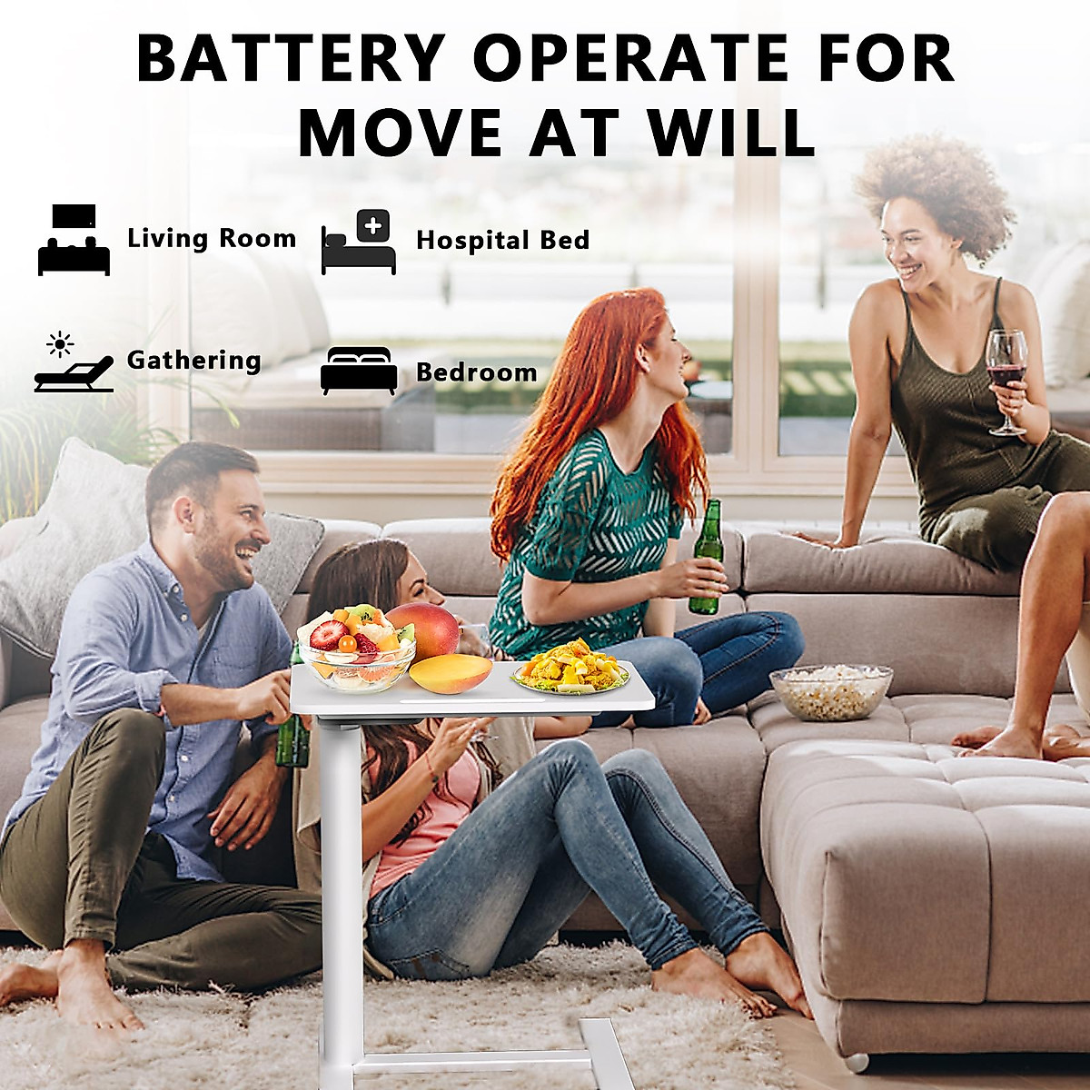 Kingant Cordless Electric Overbed Table, Height Adjustment with Battery Operated,Hospital Tray,Mobile Laptop Standing Desk,Bedside Table(Home & Hosptial Use)