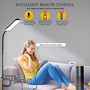 GMK Smart LED Floor Lamp, 12W Bright Standing Lamp with Wireless Charger, Stepless Adjustable 2700-6500K Modern Floor Lamp, Reading Floor Lamp with Remote & Voice Control for Living Room, Bedroom