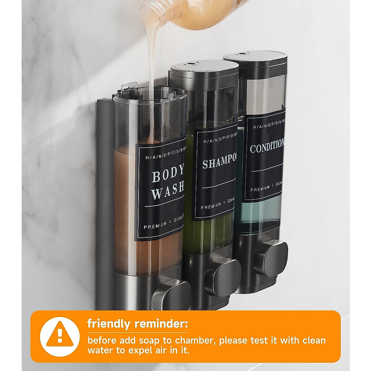 Cabo Deseado Shower Soap Dispenser Wall Mounted No Drill Shampoo Dispenser for Shower Wall Shampoo and Conditioner Dispenser Bathroom Hotel 3 * 300ml Gungray with Labels