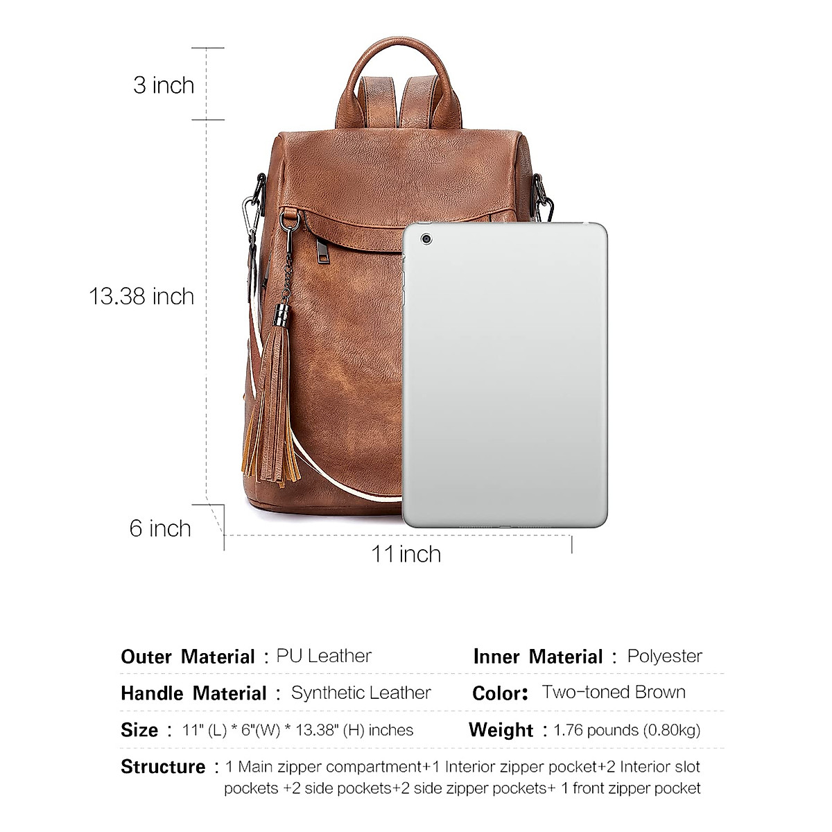 Telena Backpack Purse for Women, PU Leather Anti Theft Travel Backpack Purse Shoulder Bags with Tassel Brown