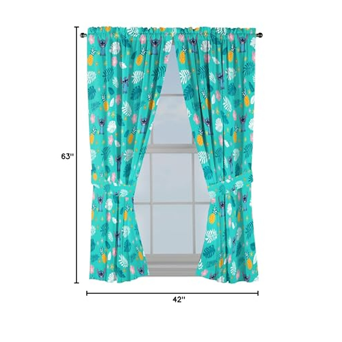Jay Franco Disney Lilo & Stitch Aloha Stitch 63" Inch Drapes - Beautiful Room Décor & Easy Set Up, Bedding - Curtains Include 2 Tiebacks, 4 Piece Set (Official Disney Product)