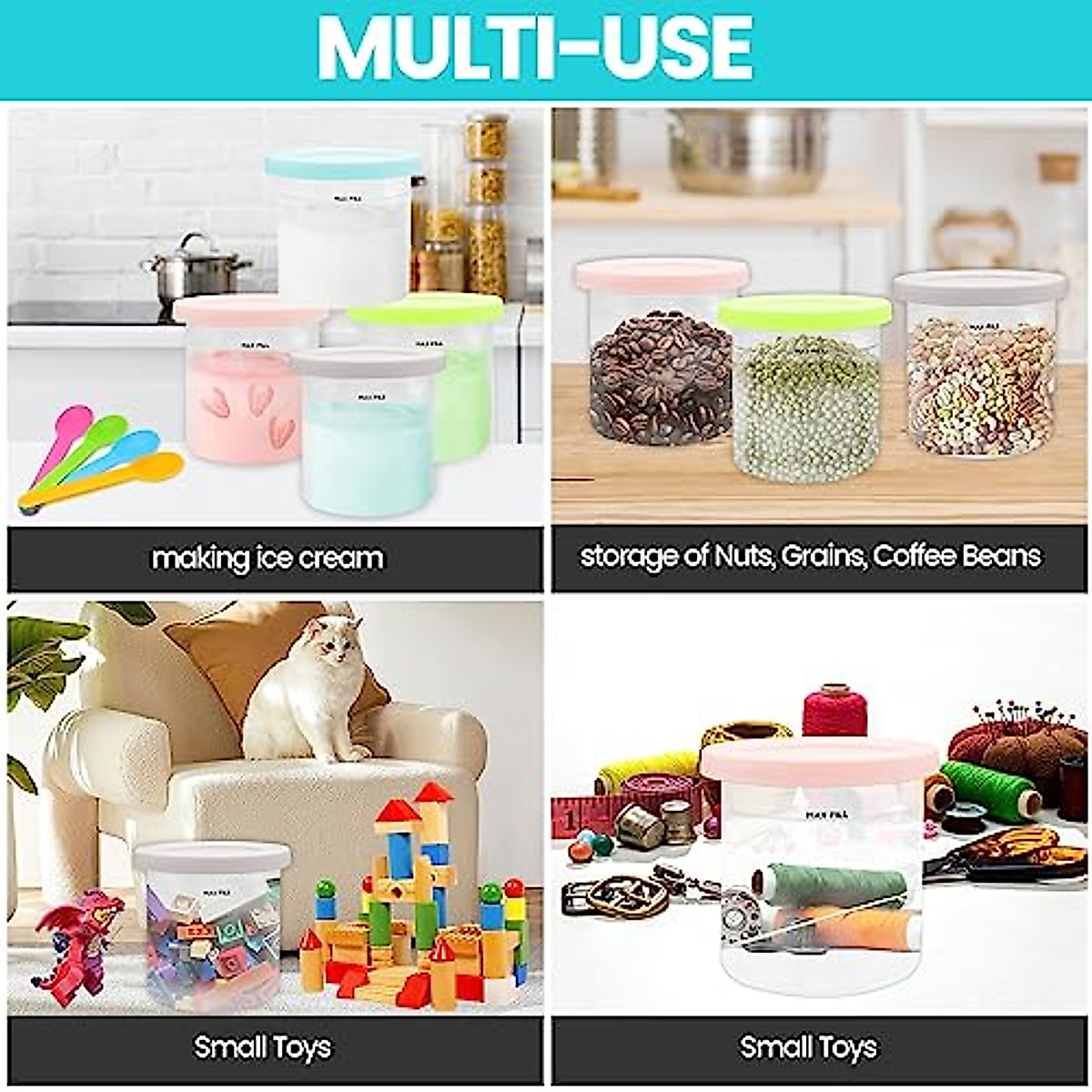 TERWOK Ice Cream Pints Containers - 4 Pack Ice Cream Containers and Lids Replacement for Ninja Creami Compatible with NC300,NC301,CN305A,CN301CO(4)