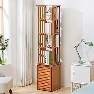 MoNiBloom 360 Degree Rotating Bookcase Storage Cabinet with Door, Bamboo 6 Tier Bookshelf Free Standing Display Organize for Living Room Bedroom Office, Brown