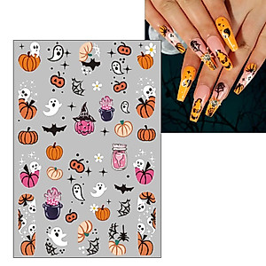 JMEOWIO 9 Sheets Cute Halloween Nail Art Stickers Decals Self-Adhesive Pegatinas Uñas Skull Horror Ghost Witchy Spider Web Bat Pumpkin Spook Nail Supplies Nail Art Design Decoration Accessories