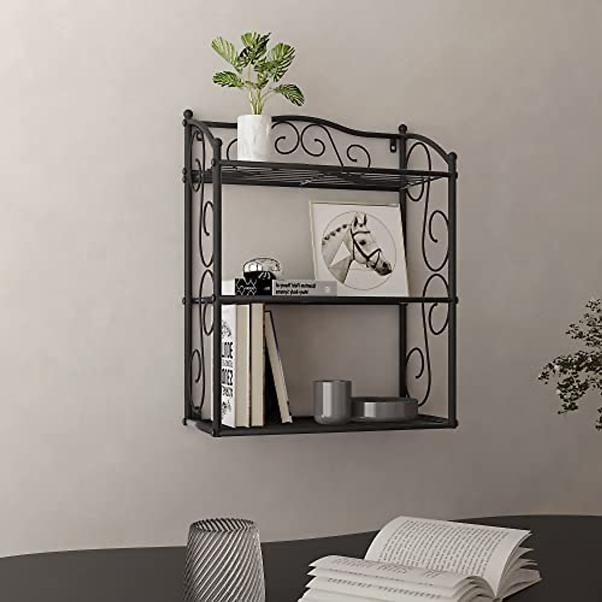 YADOOLIFE Metal Wire Wall Shelf Unit, 3-Tier Wall Mounted Floating Shelves with Liners, Hanging/Standing Storage Shelving Rack for Pantry Bathroom Office Home Organization (Black)