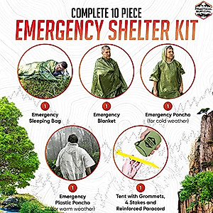10 Piece Emergency Survival Shelter Kit - 1 Emergency Tent, 1 Emergency Sleeping Bag, 1 Emergency Blanket, 1 Summer Poncho, 1 Winter Poncho and More! Perfect for EDC, Car Kit, Bugout or Get Home Bag.
