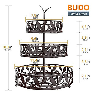 BUDO Fruit Basket, 3-Tier Fruit Bowl Vegetables Countertop Storage with Banana Hanger, Iron Metal Detachable Bread Holder Fruit Tray for Kitchen