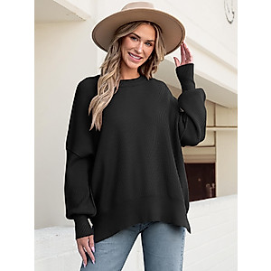 ANRABESS Women Crewneck Batwing Long Sleeve 2024 Fall Oversized Side Slit Ribbed Knit Pullover Sweaters Top Cozy Outfits Black Large