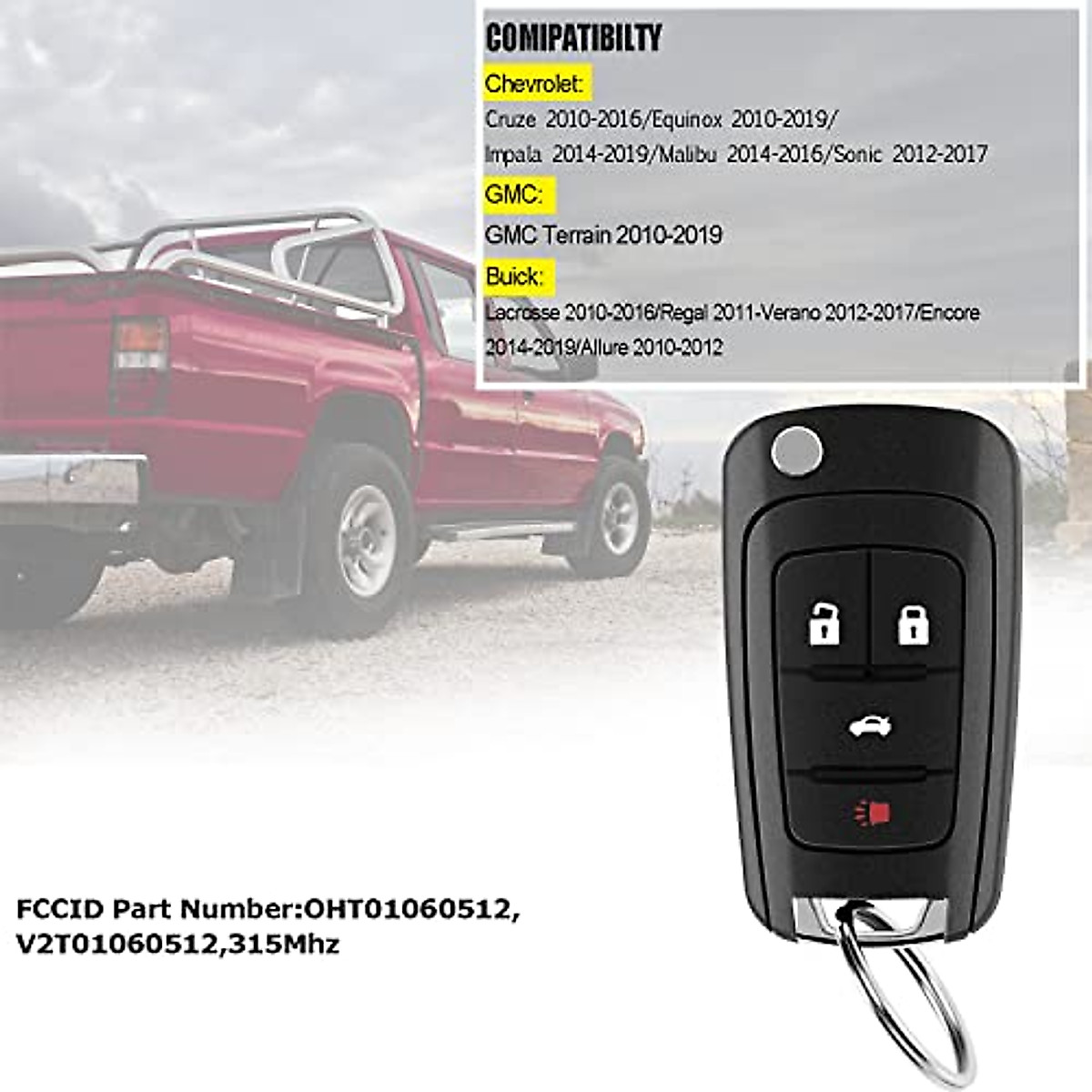 Keyless Entry Remote Uncut Flip Key Fob Fits for Chevrolet Cruze/Equinox 11-2015, Buick Lacrosse10-2016 FCCID: OHT01060512 315Mhz (Pack of 1)