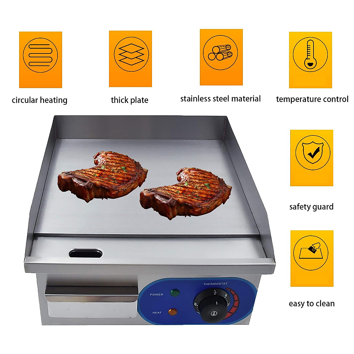 DULONG Commercial Electric Griddle Countertop Flat Top Griddle, Stainless Steel Restaurant Grill with Thermostatic Control for Kitchen BBQ(1500W 14 Inch), Sliver, D-TM-810B