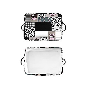 Storage Baskets Farm Cow Cattle Plaid Patchwork Storage Baskets for Organizing, Foldable Storage Baskets for Shelves, Fabric Storage Bins with Handles