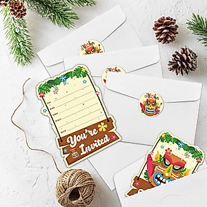 REWIDPARTY Aloha Luau Party Invitations with Envelopes & Stickers（Set of 15） Tiki Luau Shaped Fill-in Invitations Hawaiian Summer Party Invites Cards Tropical Hawaiian Beach Birthday Party Supplies