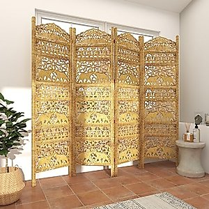 Deco 79 Wooden Scroll Handmade Partition Room Divider Screen Hinged Foldable Partition 4 Panel Privacy Screen with Carved Elephant Accents, Room Partition 80" x 1" x 72", Gold